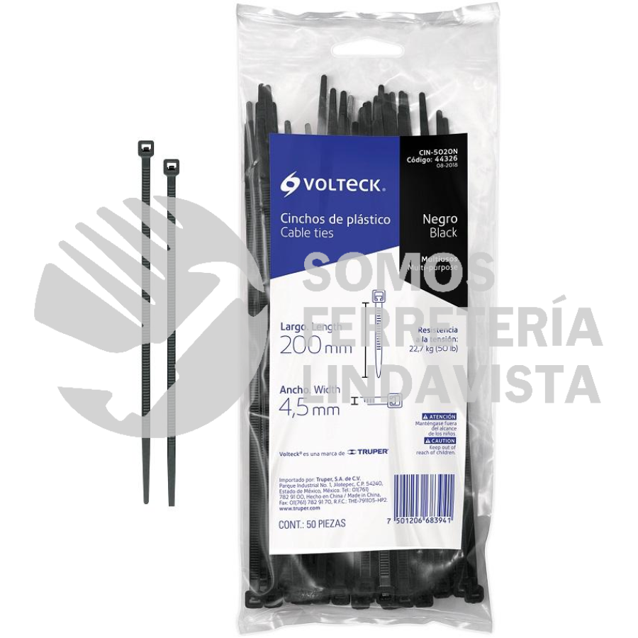 44326 CIN-5020N BOLSA CON 50 CINCHOS PLASTICOS 50 LB 200X4.5 MM NEGROS ...