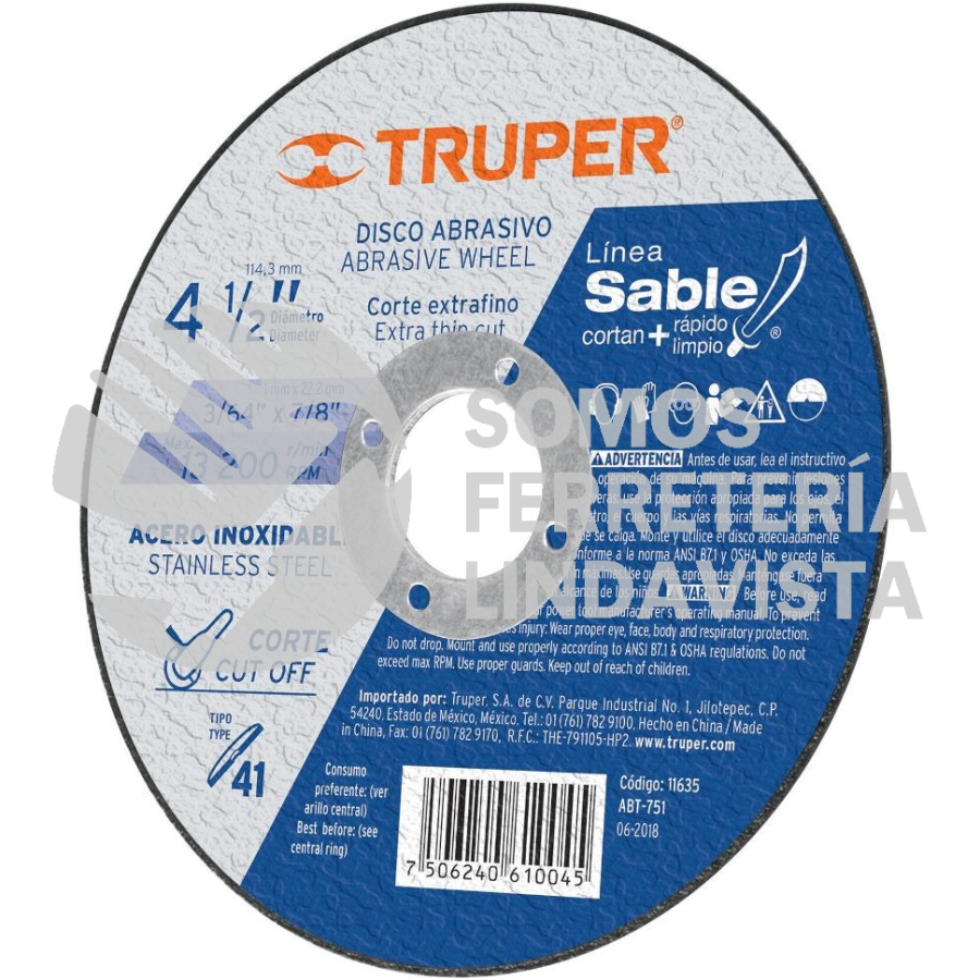 11635 DICOF-4510I DISCO TIPO 41 DE 4-1/2" X 1 MM CORTE FINO ACERO INOX ...