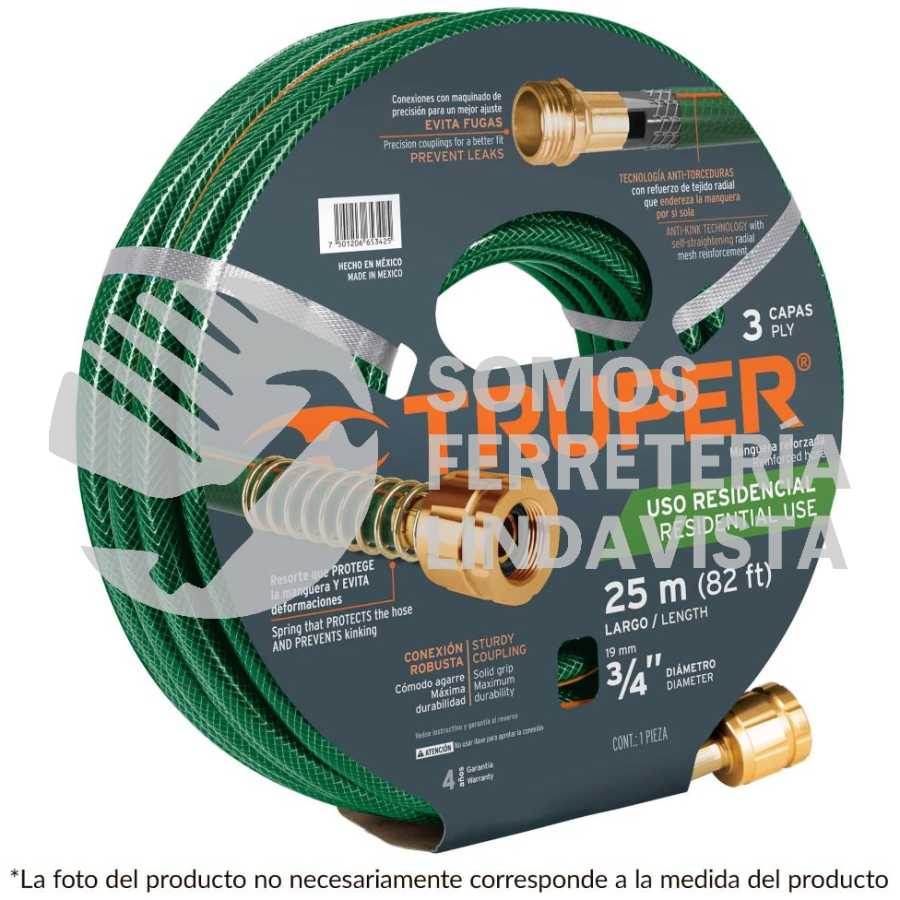 16030 MAN-10X1/2R MANGUERA 1/2" REFORZADA 3 CAPAS 10 M CONEXIONES DE METAL TRUPER - Ferreteria ...