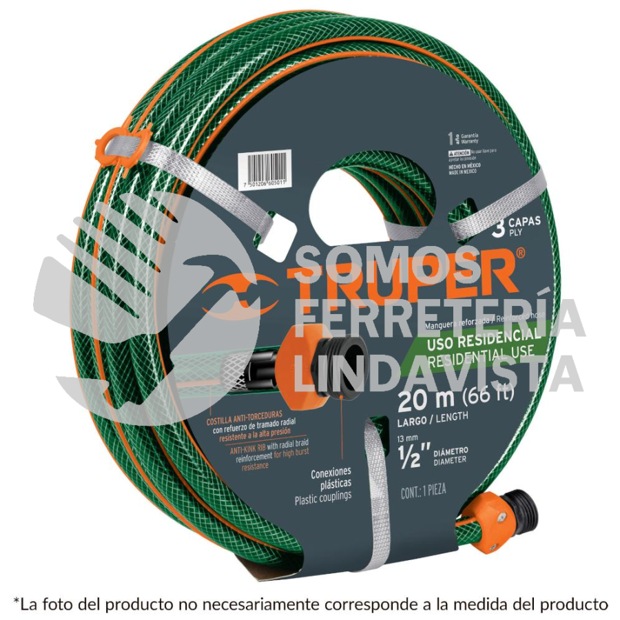 16051 MAN-15X1/2RE MANGUERA 1/2"REFORZADA 3 CAPAS 15 M CONEXIONES PLASTICAS TRUPER - Ferreteria ...