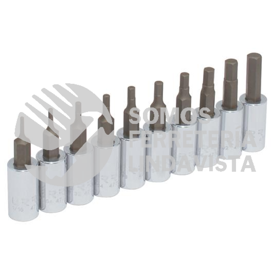 4770-10 JUEGO DE DADOS CON PUNTA HEXAGONAL CUADRO DE 1/4", EN PULGADAS EN RIEL, 10 PIEZAS URREA ...