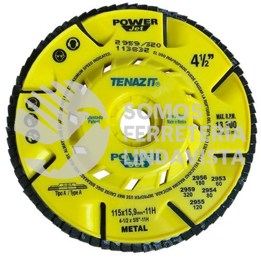 2959 DISCO LAMINADO POWER JET GRANO 320 (4-1/2"X5/8"-11) TENAZIT ...