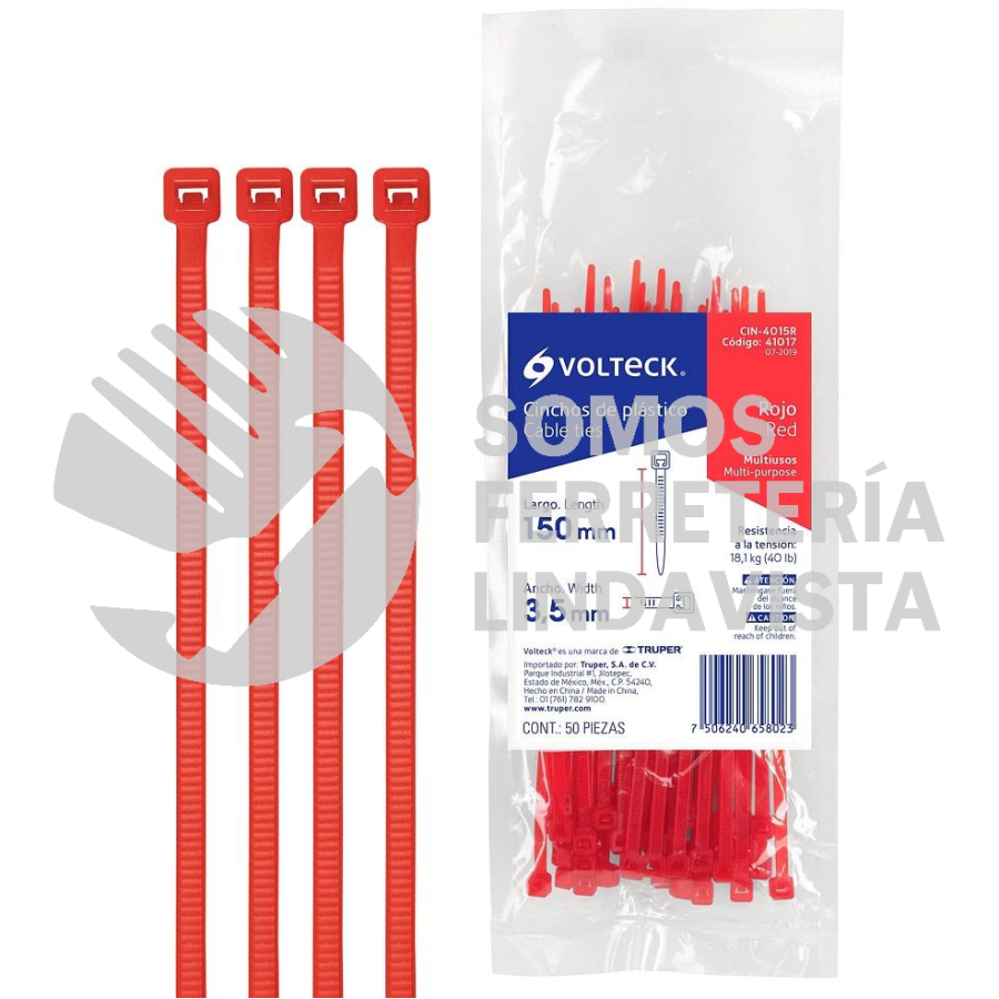 41017 CIN-4015R BOLSA CON 50 CINCHOS PLASTICOS 40 LB 150 X 3.5 MM ROJOS ...