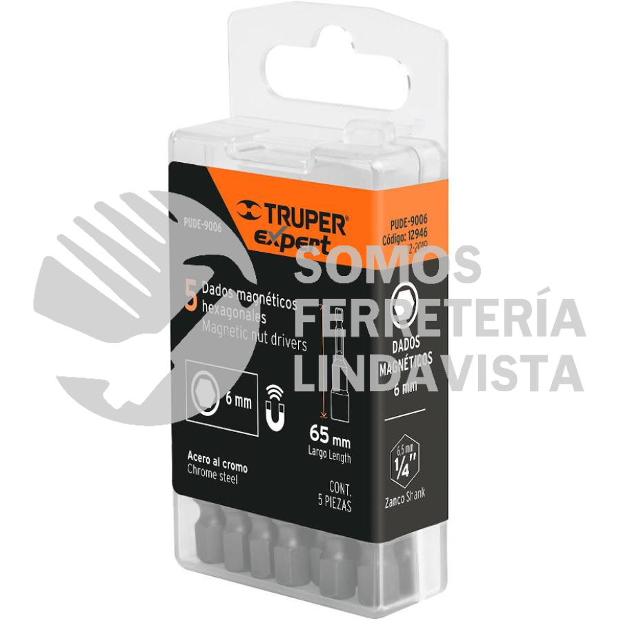 12946 PUDE-9006 ESTUCHE CON 5 DADOS MAGNETICOS DE 6 MM LARGO 2" TRUPER - Ferreteria Lindavista