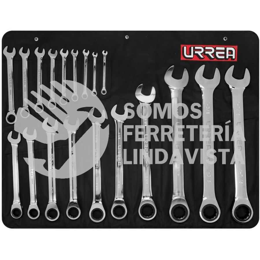 1202CM JUEGO DE 19 LLAVES COMBINADAS PULIDO ESPEJO DE MATRACA EN PULGADAS, 12 PUNTAS URREA ...