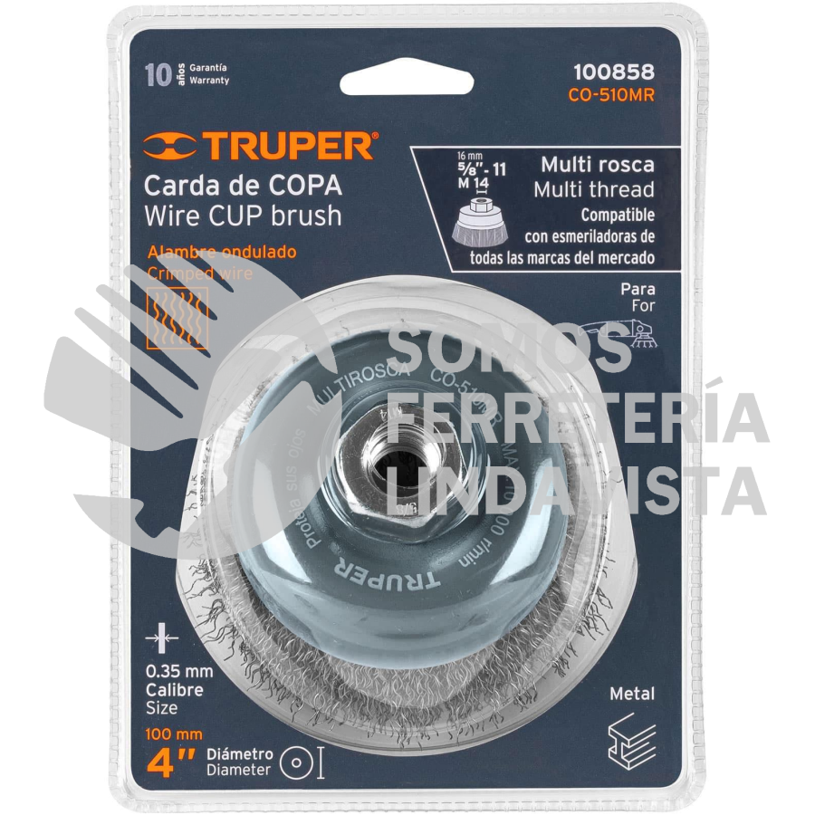 100858 CO-510MR CARDA COPA 4" ALAMBRE ONDULADO FINO MULTI-ROSCA TRUPER - Ferreteria Lindavista