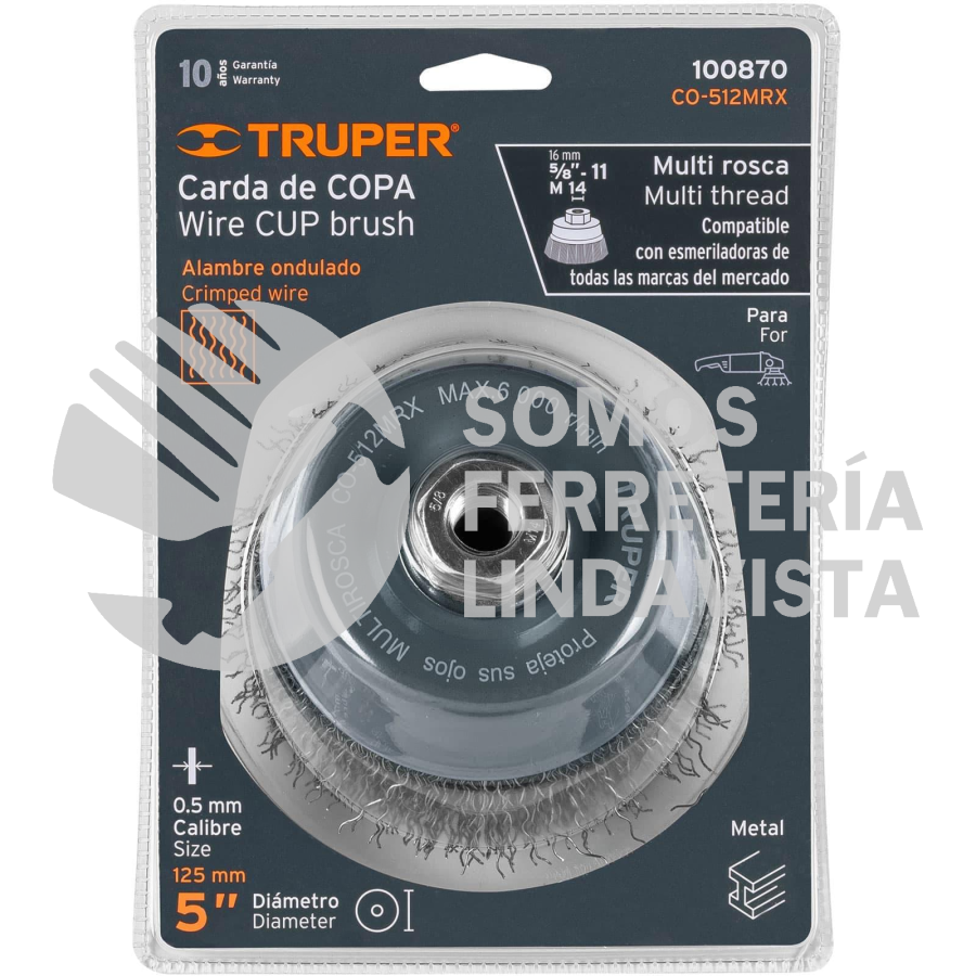 100870 CO-512MRX CARDA COPA 5" ALAMBRE ONDULADO GRUESO MULTI-ROSCA TRUPER - Ferreteria Lindavista