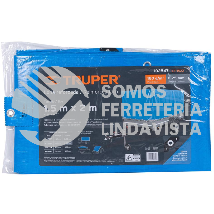 102547 LT-152Z LONA REFORZADA 1.5 X 2 M AZUL TRUPER - Ferreteria Lindavista
